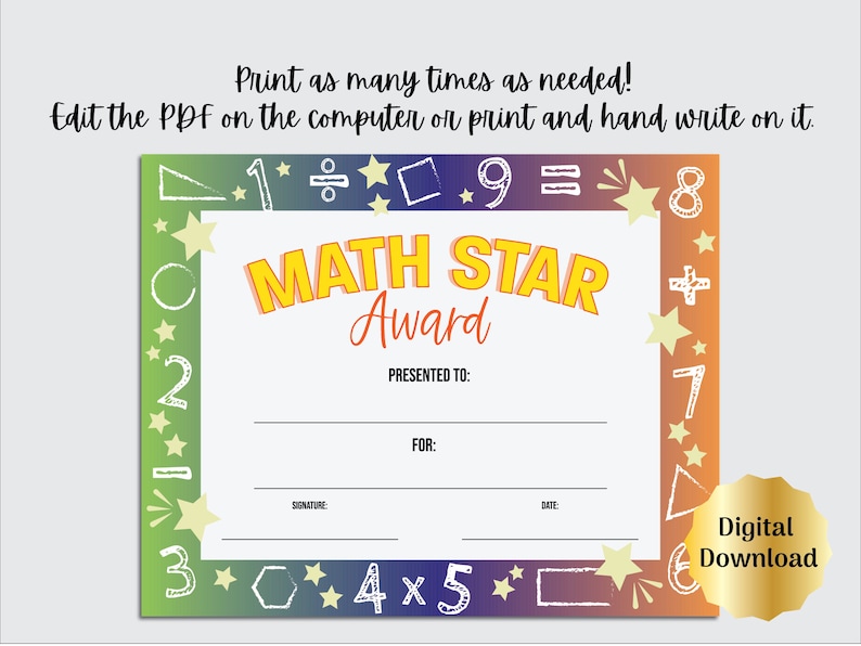 Math Star Certificate Template, Math Star Award of Recognition ...