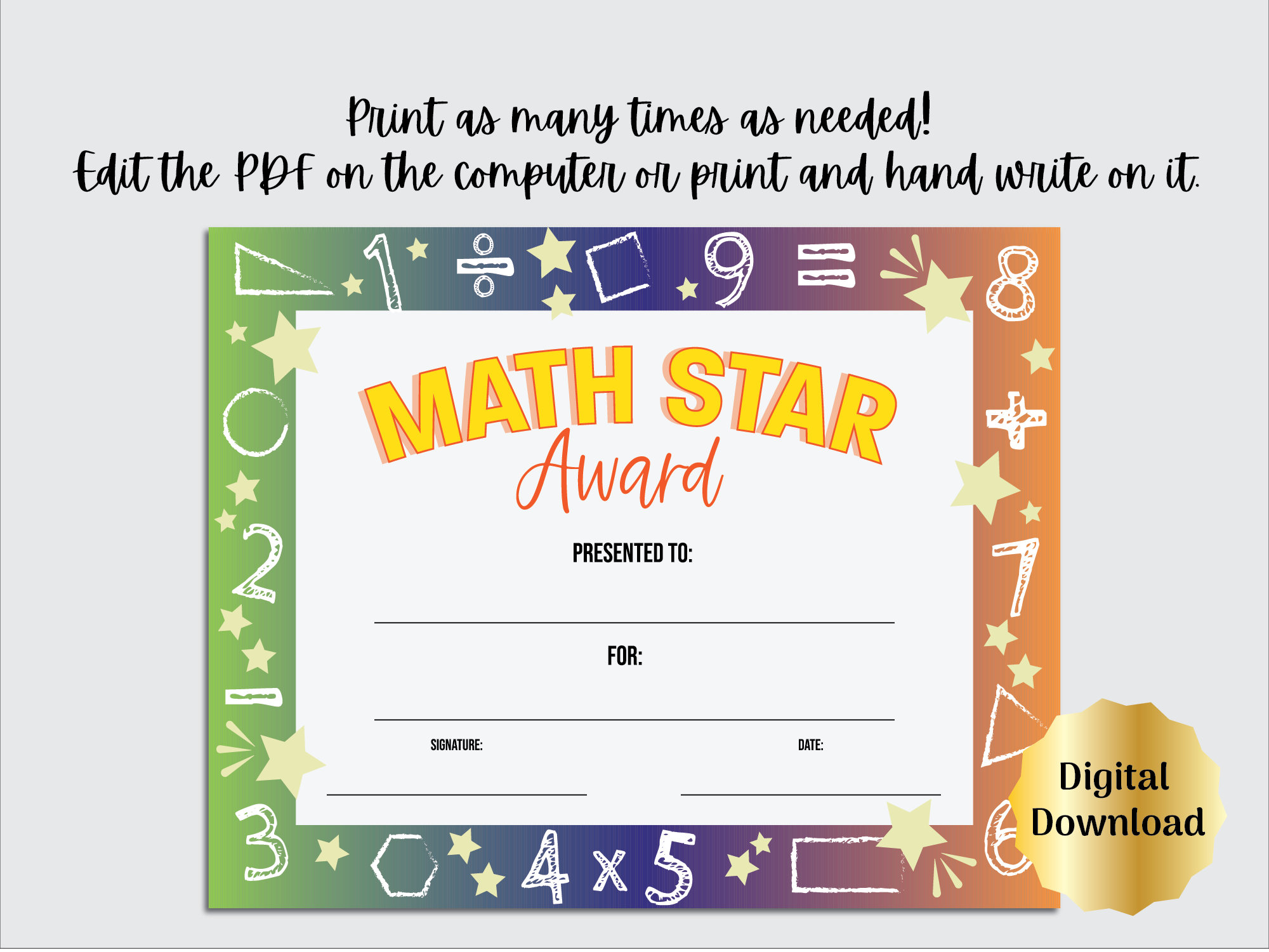 Math Star Certificate Template, Math Star Award of Recognition ...