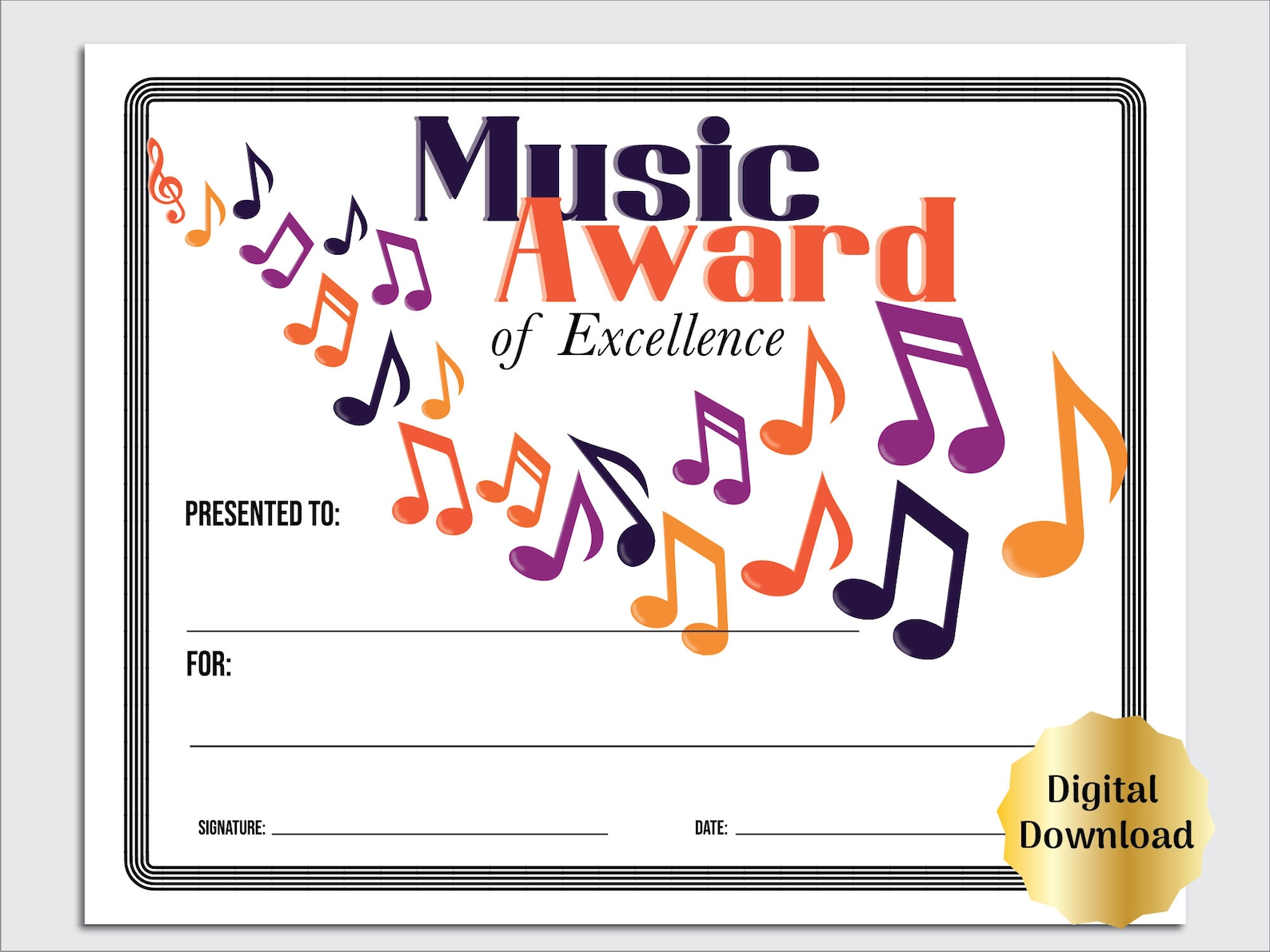 Music Award Certificate Printable for Music Teacher or Music Contest ...