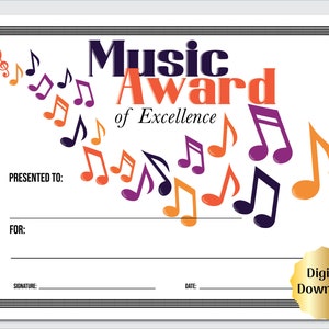 Music Award Certificate Printable for Music Teacher or Music Contest ...