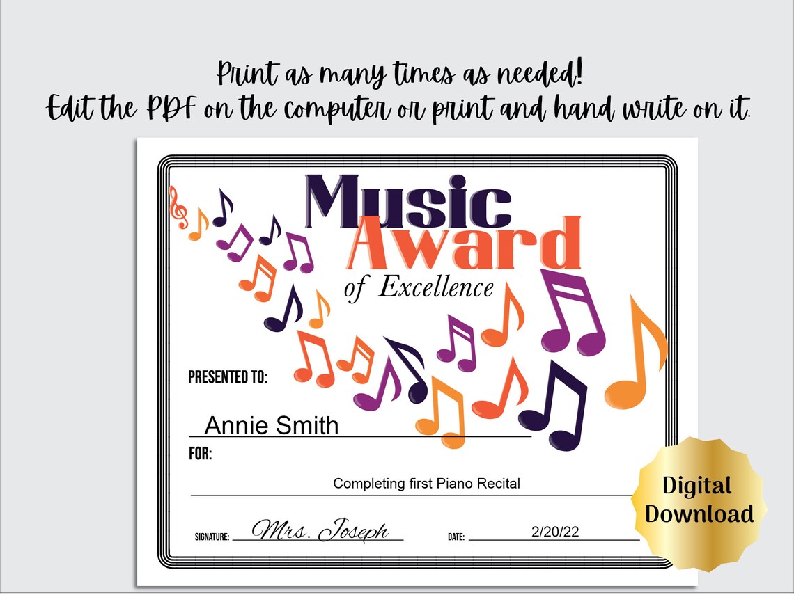 Music Award Certificate Printable for Music Teacher or Music Contest ...
