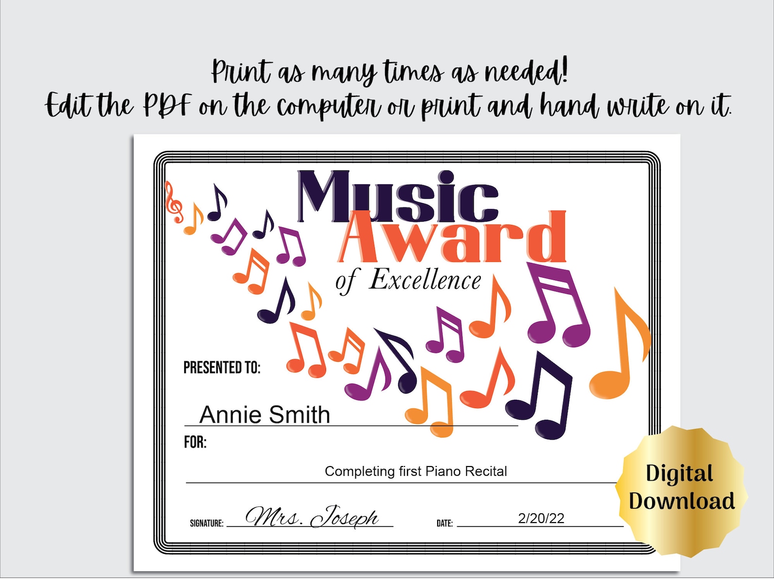 Music Award Certificate Printable for Music Teacher or Music Contest ...