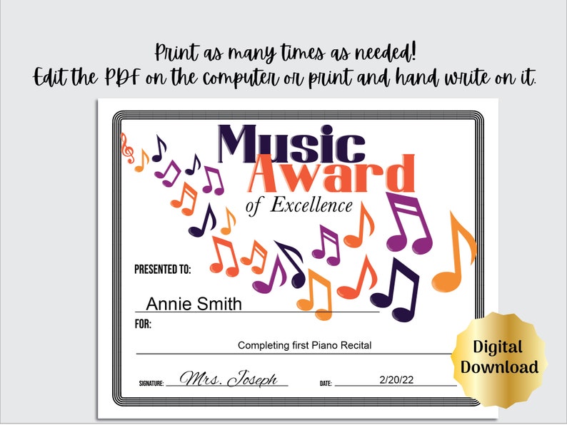 Music Award Certificate Printable for Music Teacher or Music Contest ...