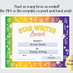 Writing Certificate Printable Template, Star Writer Award of ...