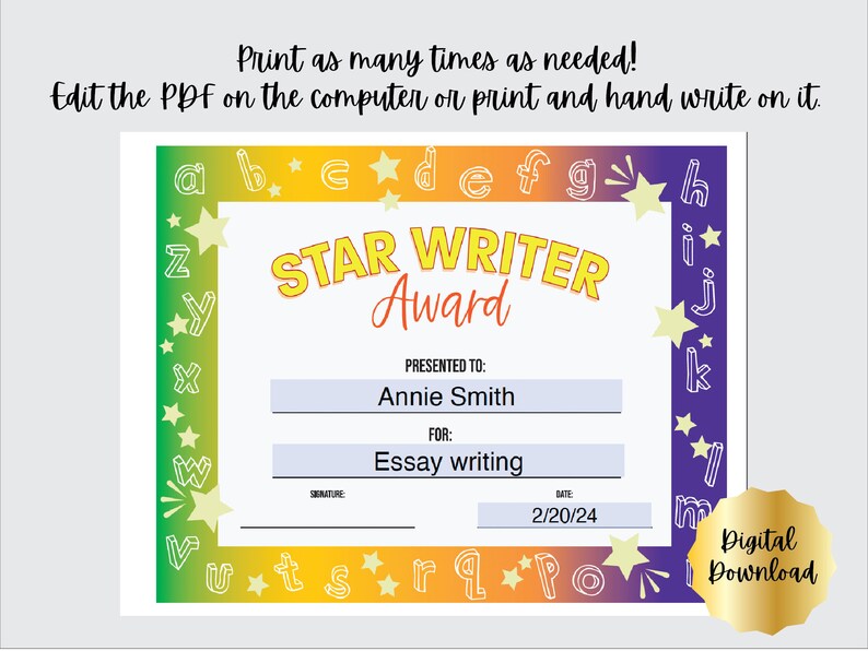 Writing Certificate Printable Template, Star Writer Award of ...