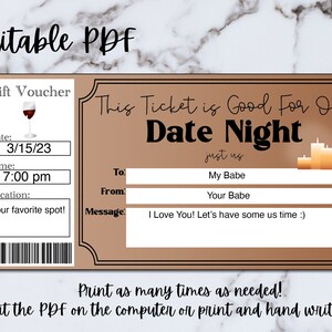 Date Night Gift Certificate Voucher for Couple, Printable Date Night ...
