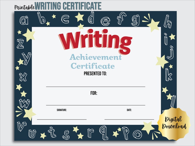 Writing Certificate Printable Template, Writer Achievement Certificate ...
