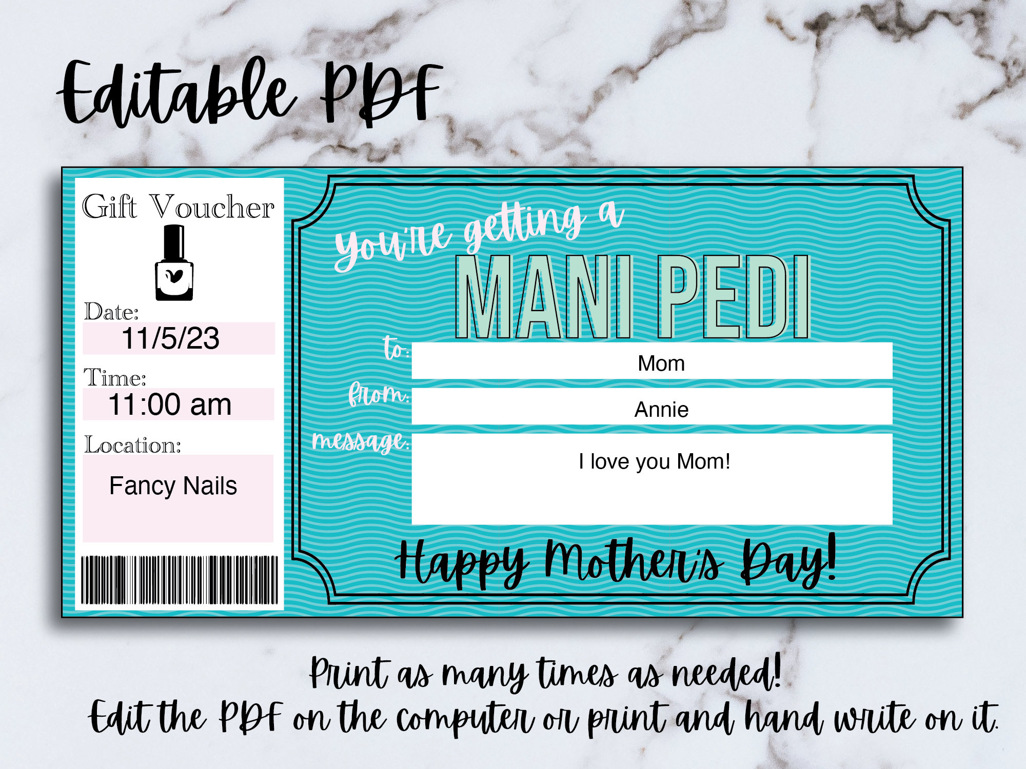 Mani Pedi Mother's Day Gift Certificate Printable, Nail Salon Gift ...