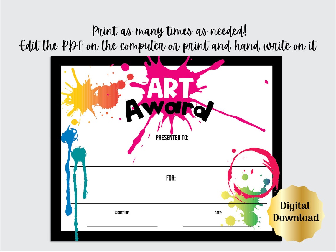 Art Award Certificate Printable, Art Class or Student Art Exhibit ...