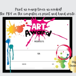 Art Award Certificate Printable, Art Class or Student Art Exhibit ...