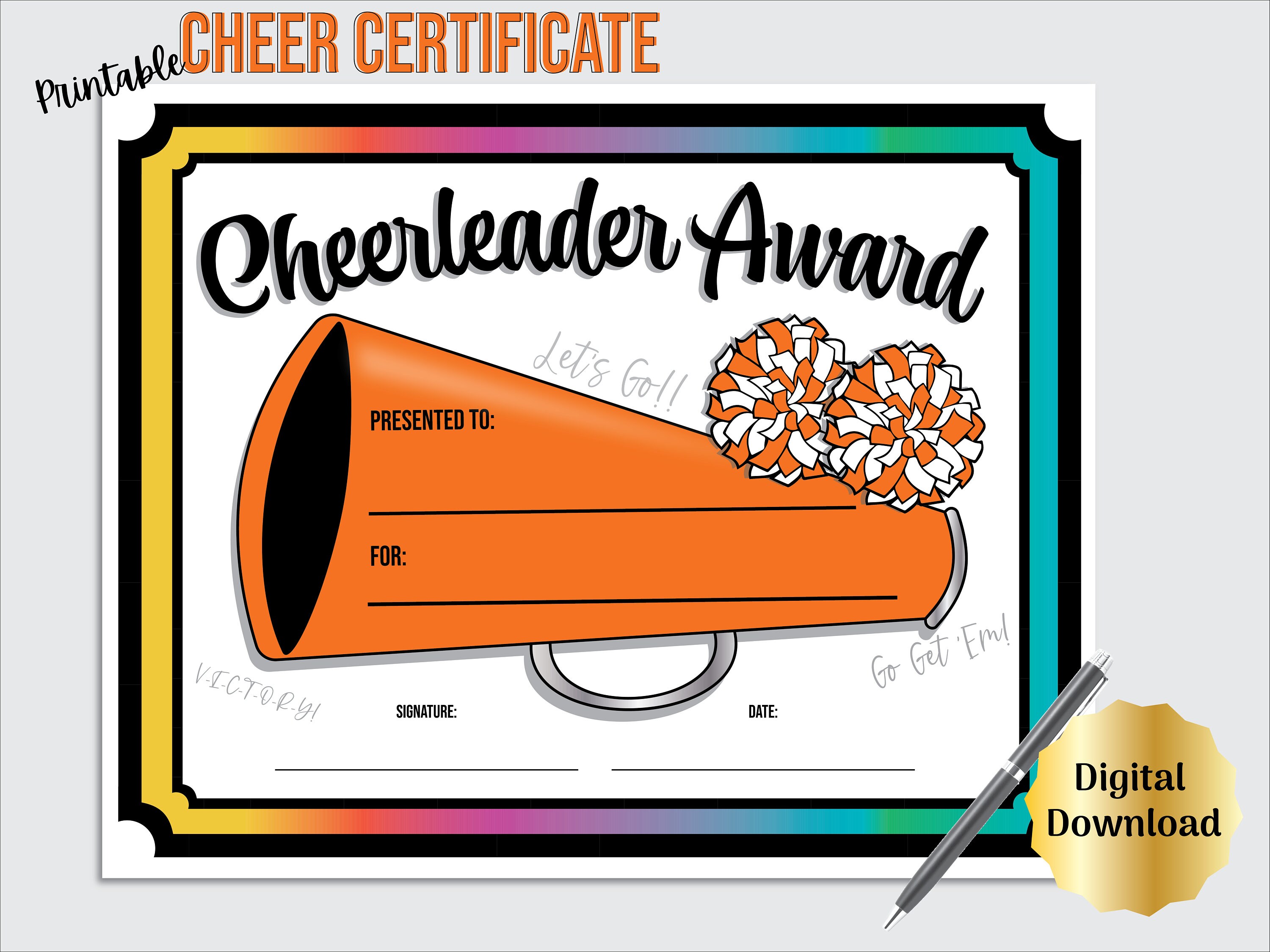 Cheerleading Award Certificate Template for Cheer Team Award of Recognition, Orange Cheer ...