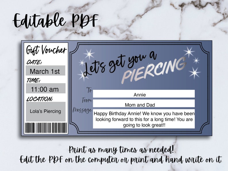 Piercing Gift Certificate Voucher, Body Piercing Gift Certificate ...