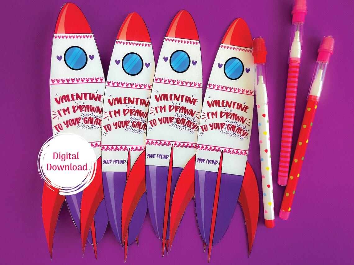 Pencil Rocket DIY Valentine Printable, Outer Space Valentine, Space ...