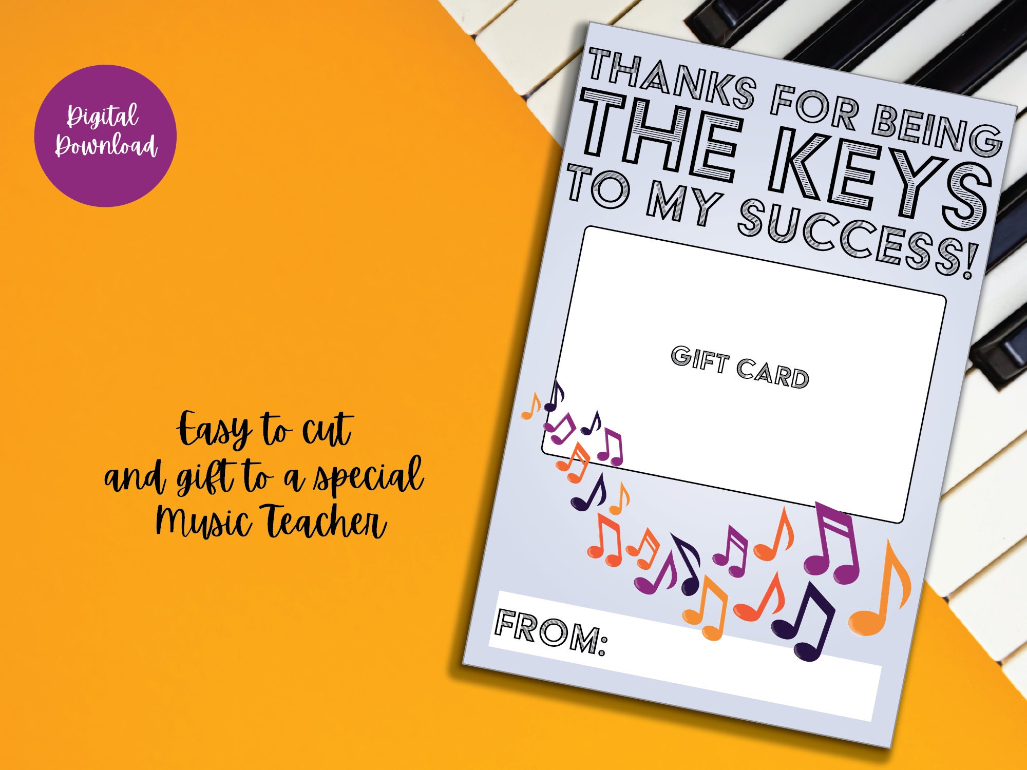 Piano Teacher Printable Gift Card Holder, Thank You Gift Card for Piano ...