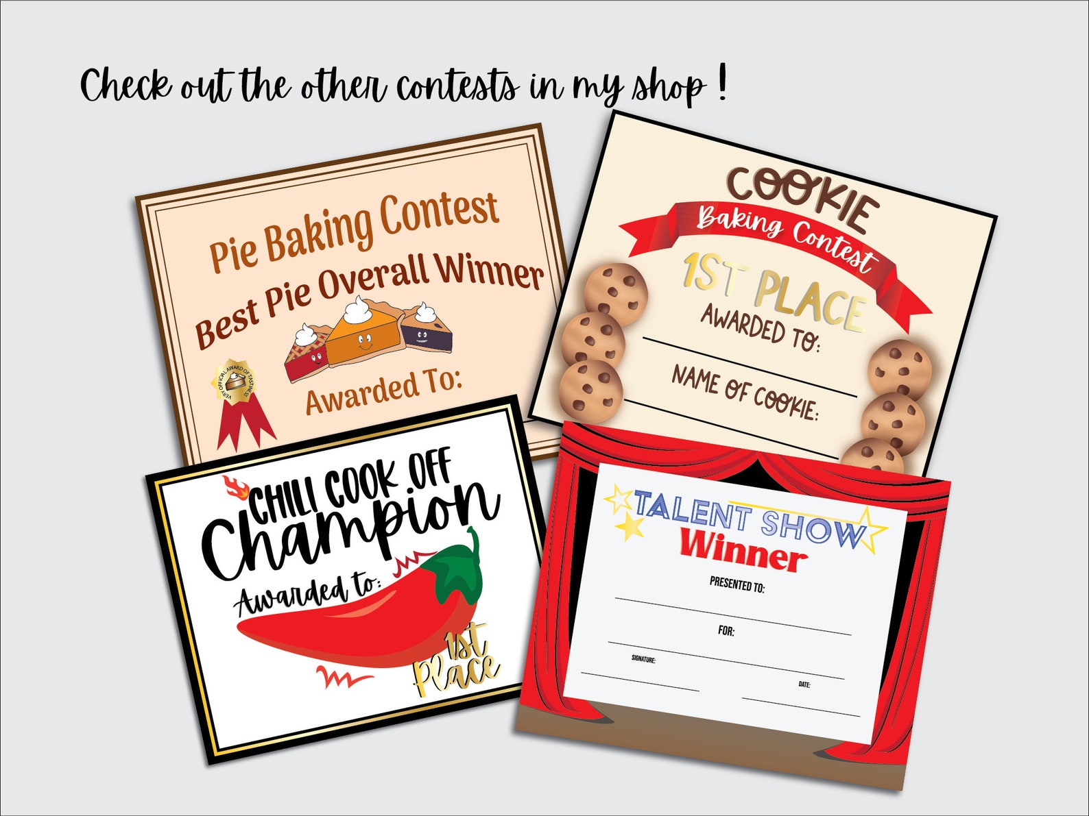 Pie Contest Ballots and Award Certificates Printable, Best Looking Best ...
