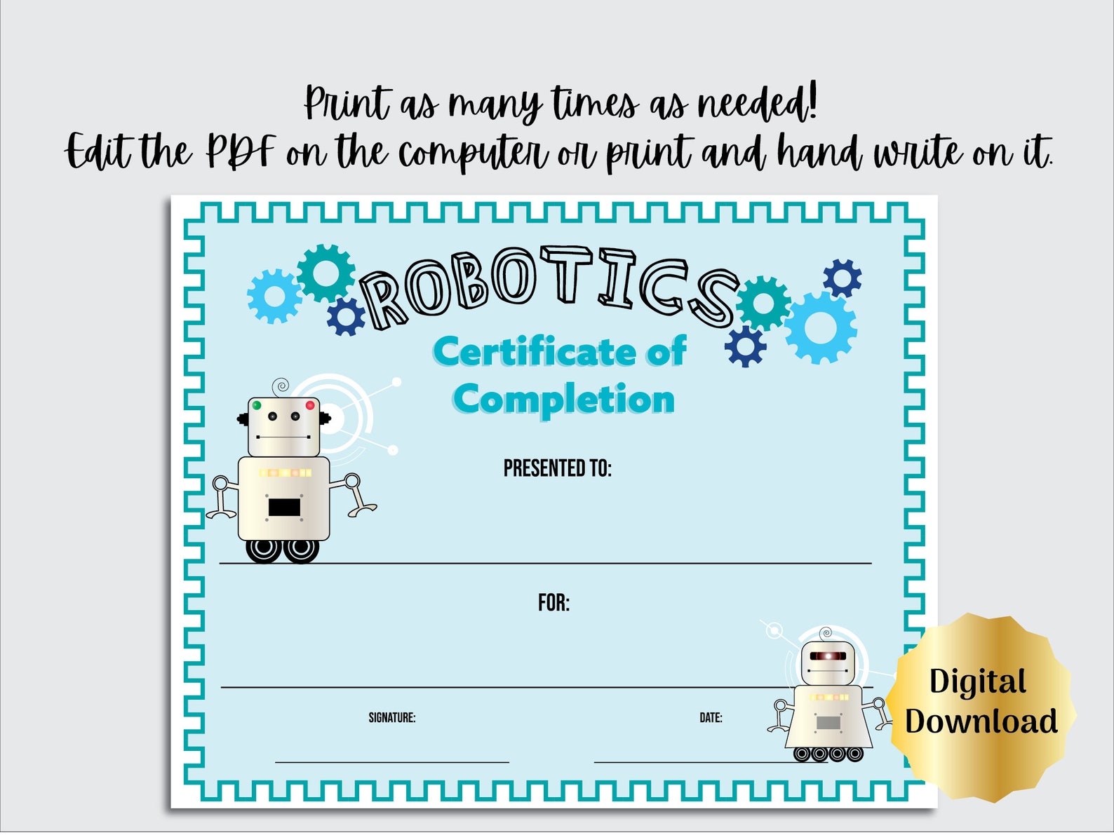 Robotics Certificate of Completion and Robotics Certificate of Recognition Printable, Robotics ...