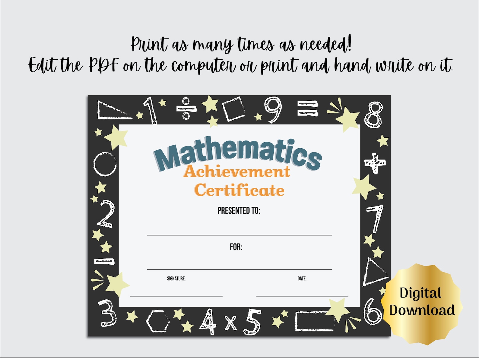 Math Certificate Award of Recognition Template, Editable PDF Digital ...