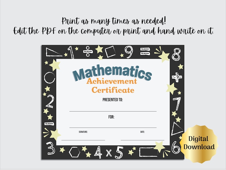 Math Certificate Award of Recognition Template, Editable PDF Digital ...