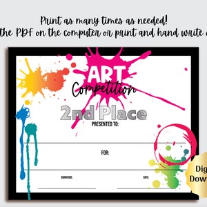 Art Competition Award Certificate Includes 1st 2nd and 3rd Place ...