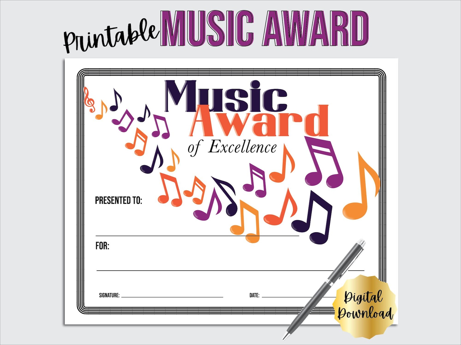 Music Award Certificate Printable for Music Teacher or Music Contest ...