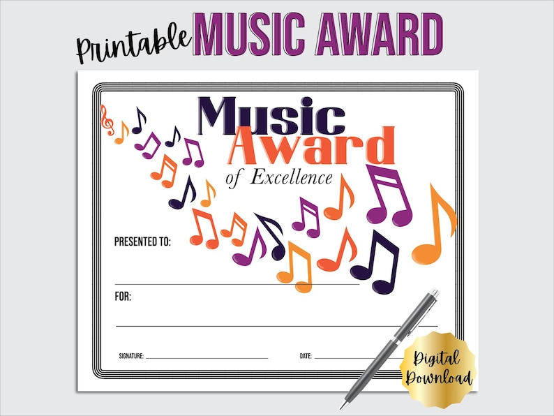 Music Award Certificate Printable for Music Teacher or Music Contest ...