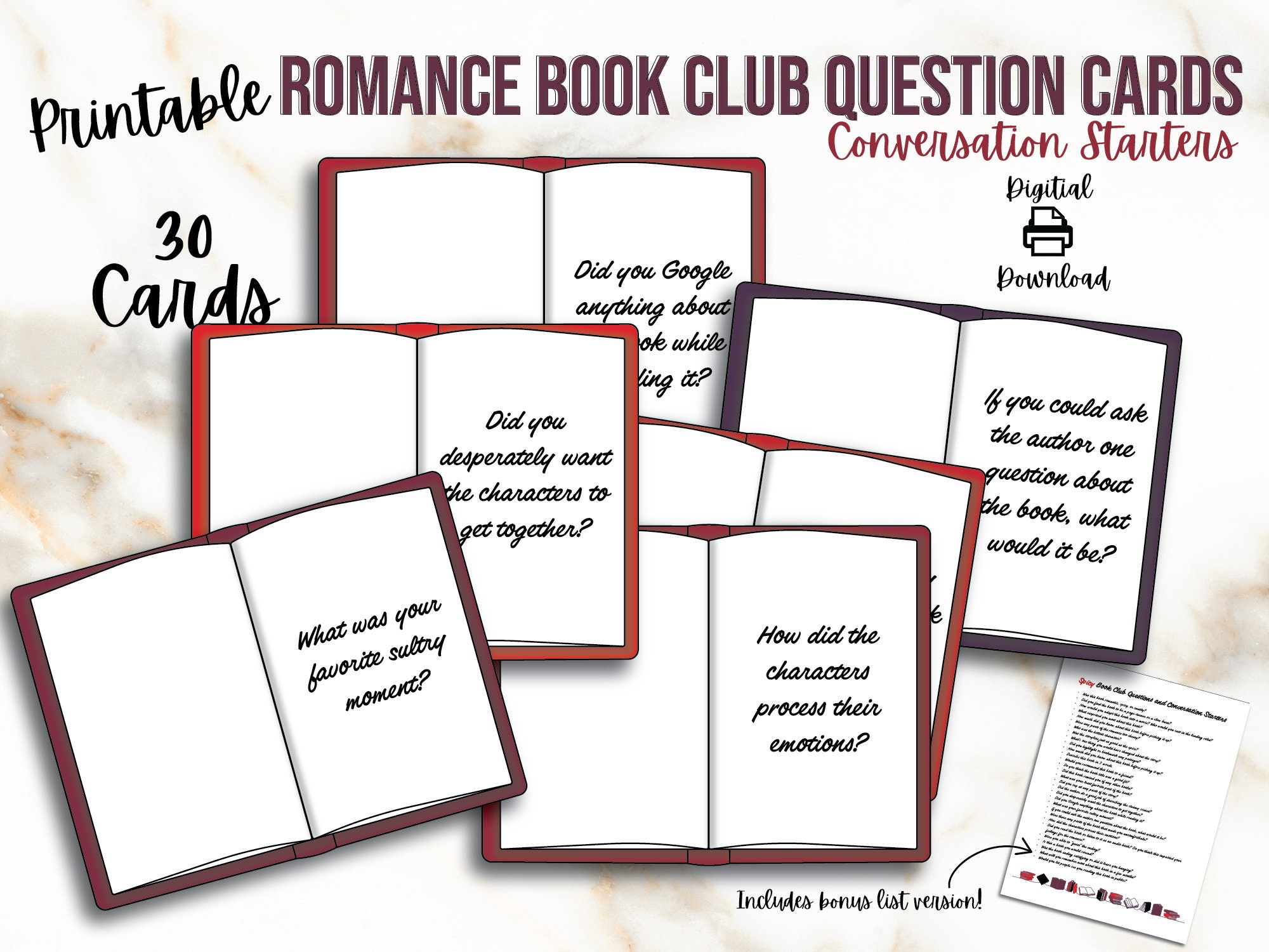 Romance Book Club Question Cards Printable, Spicy Romance Novel Book ...