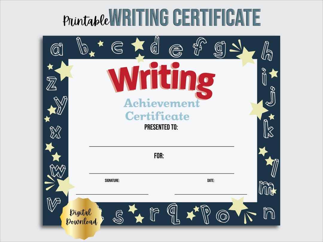 Writing Certificate Printable Template, Writer Achievement Certificate ...