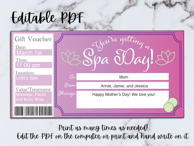 Printable Spa Day Gift Certificate Voucher, Spa Day Gift Certificate ...