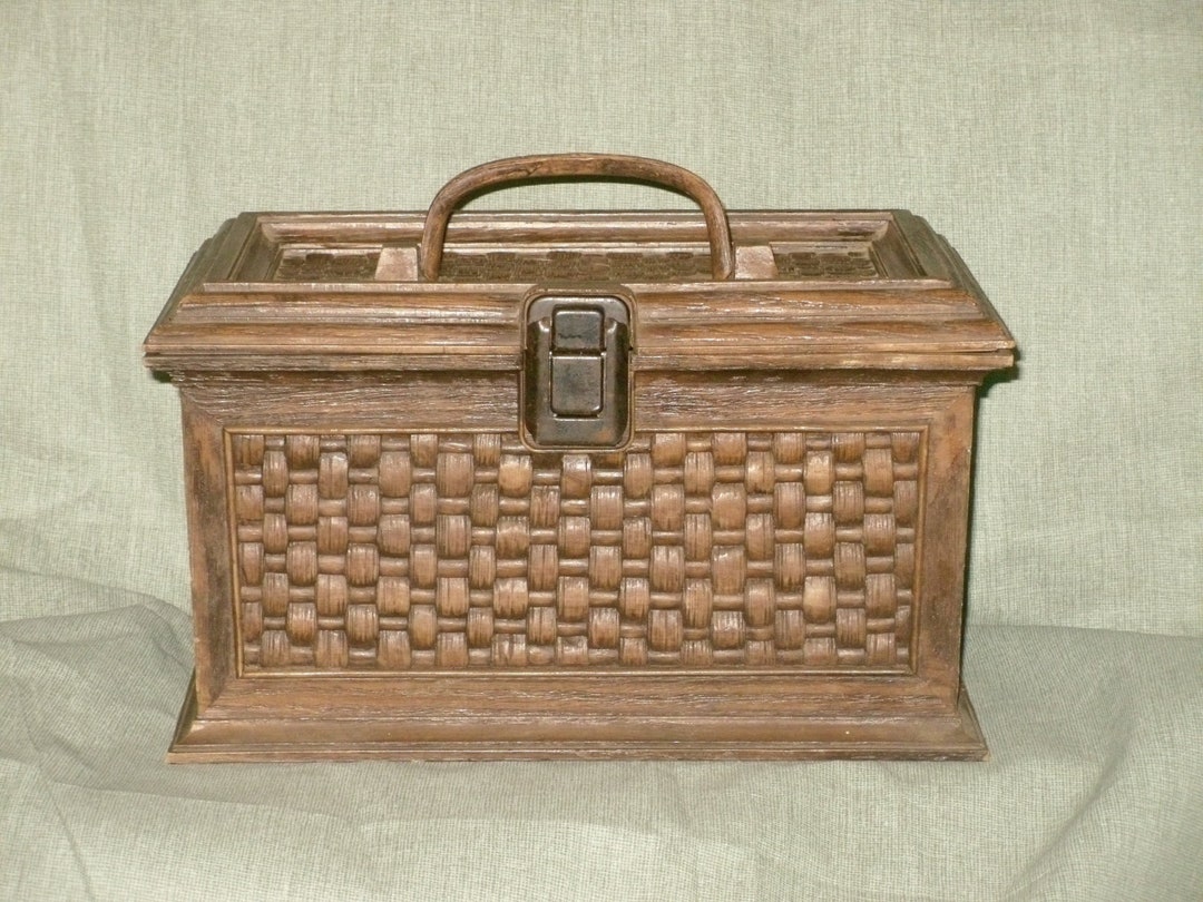 Lerner Sewing Box with Tray Brown Basket Weave Faux Wood - Etsy.de