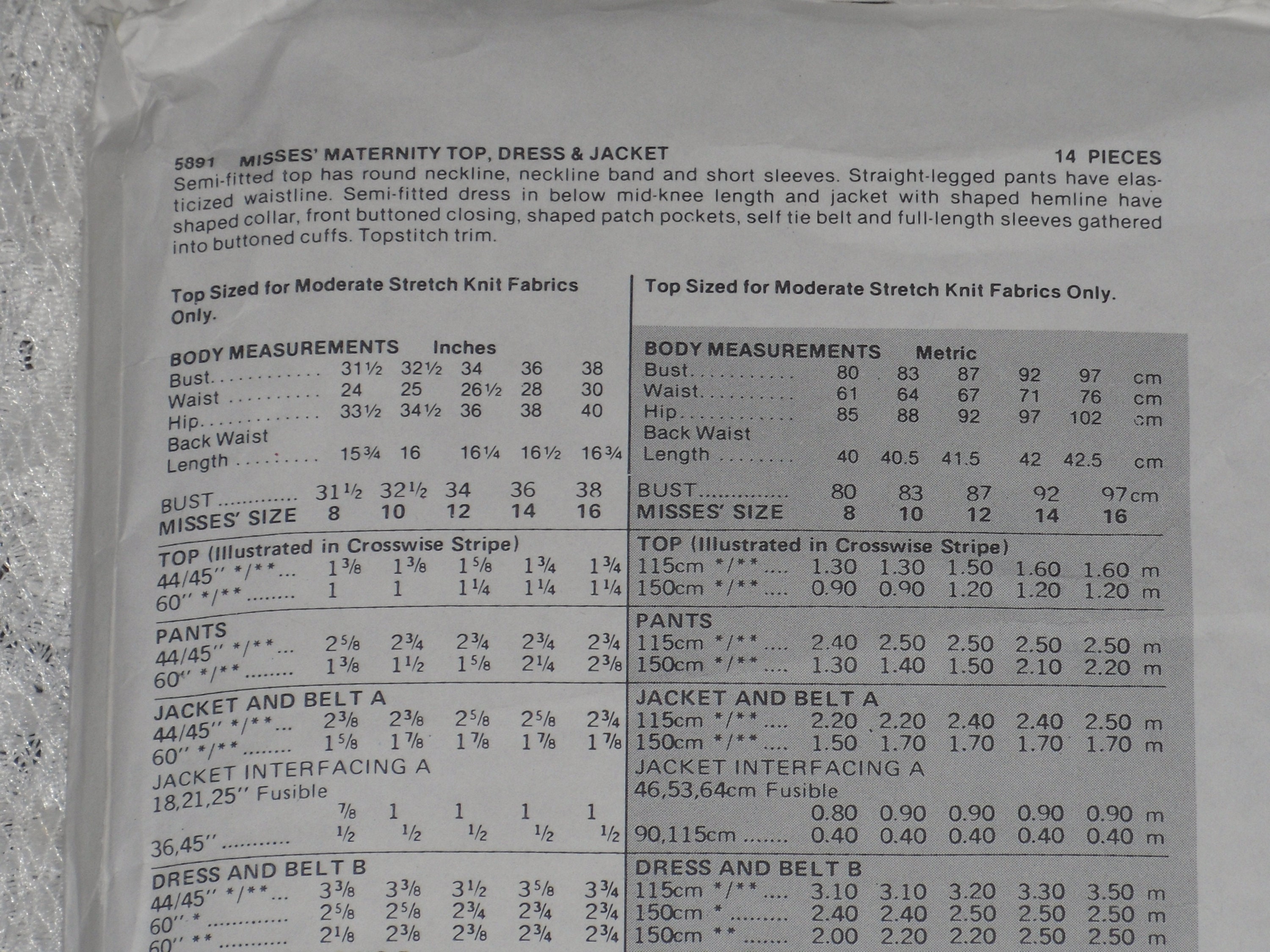 Butterick 5891 Pattern Misses' Maternity Dress Top Pants | Etsy