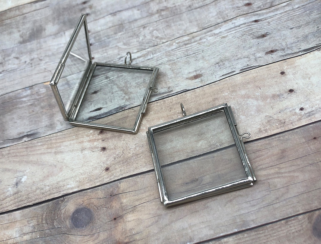 Double Sided Silver Square Glass Frame Locket Pendant Hinged Floating ...