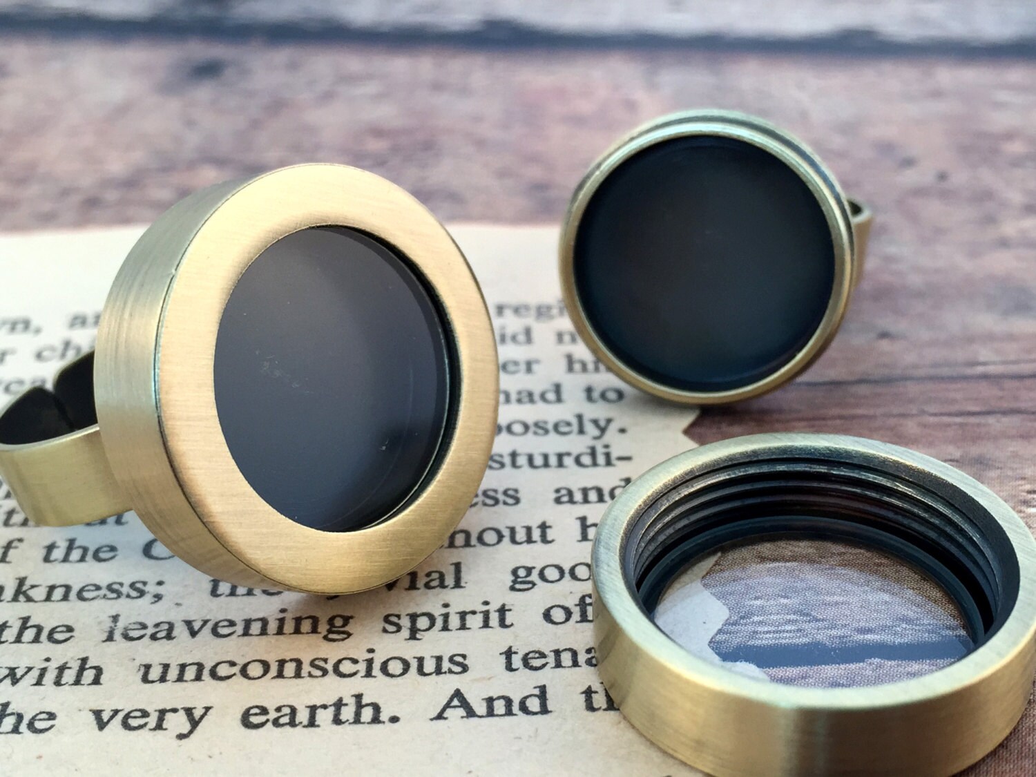 Bronze Adjustable Locket Ring Shadow Box Glass Photo Pendant | Etsy