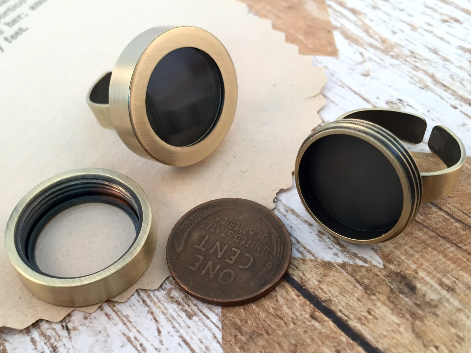 Bronze Adjustable Locket Ring Shadow Box Glass Photo Pendant | Etsy