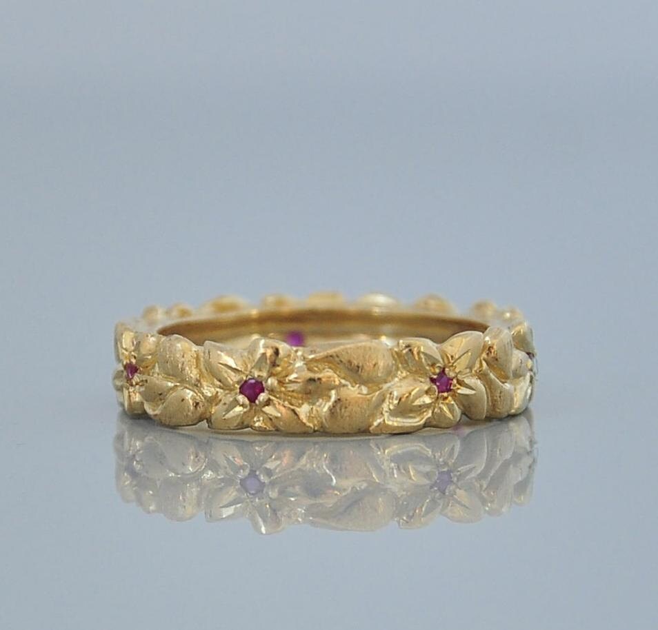 Flowers Wedding Ring , 14k Gold Flower Ring , Ruby Wedding Band ...