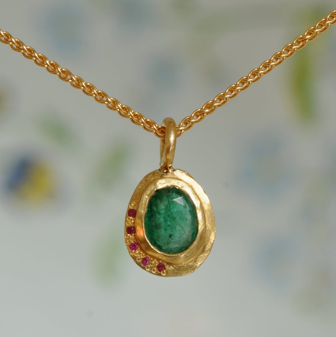 Green Emerald and Ruby Pendant, 18k Gold Emerald Necklace, Ruby and ...