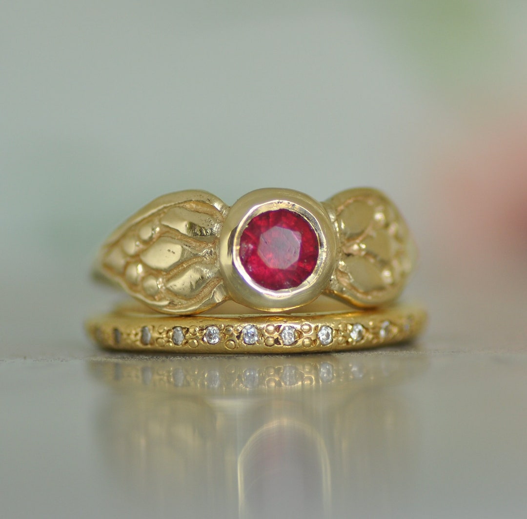 Gold Ruby Ring Set, Wedding Ruby and Diamonds Set, 14k Gold Diamond ...
