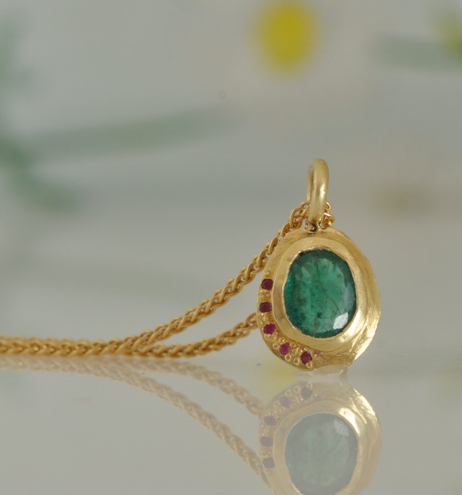 Green Emerald and Ruby Pendant, 18k Gold Emerald Necklace, Ruby and ...