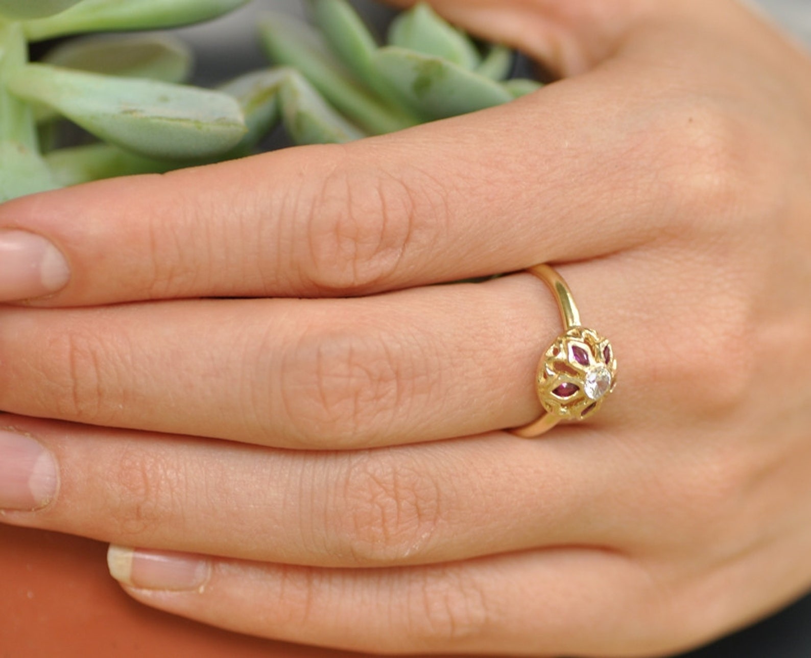 14k Gold Flower Ring Ruby Gold Ring Unique Gold Gemstone | Etsy