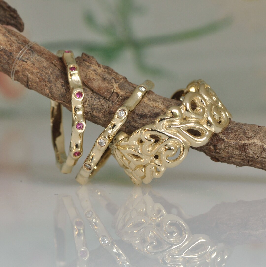 14K Gold Set of Rings, Gemstones Stacking Rings, Set of Gold Rings for ...