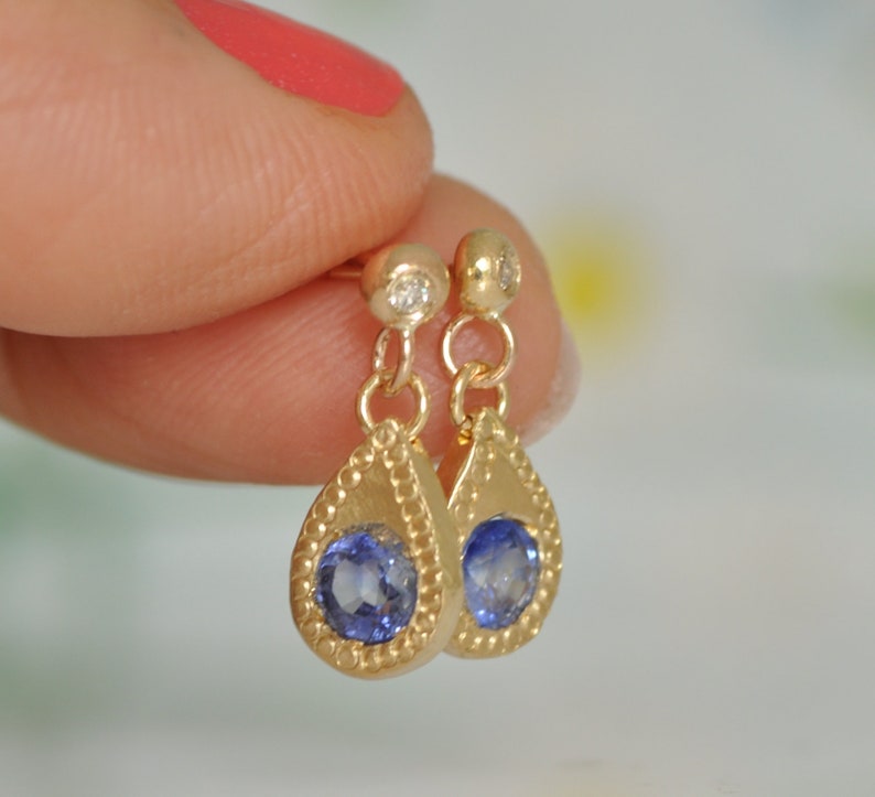 18K Gold Sapphire Drop Earrings With Diamond Stud, Two-part Blue ...