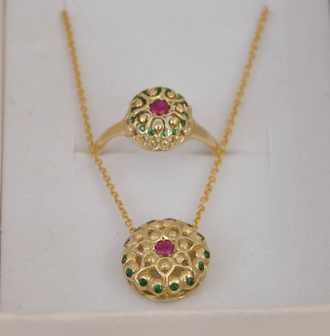 14k Gold Set for Anniversary, Ruby Set for Women, Ring and Necklace ...