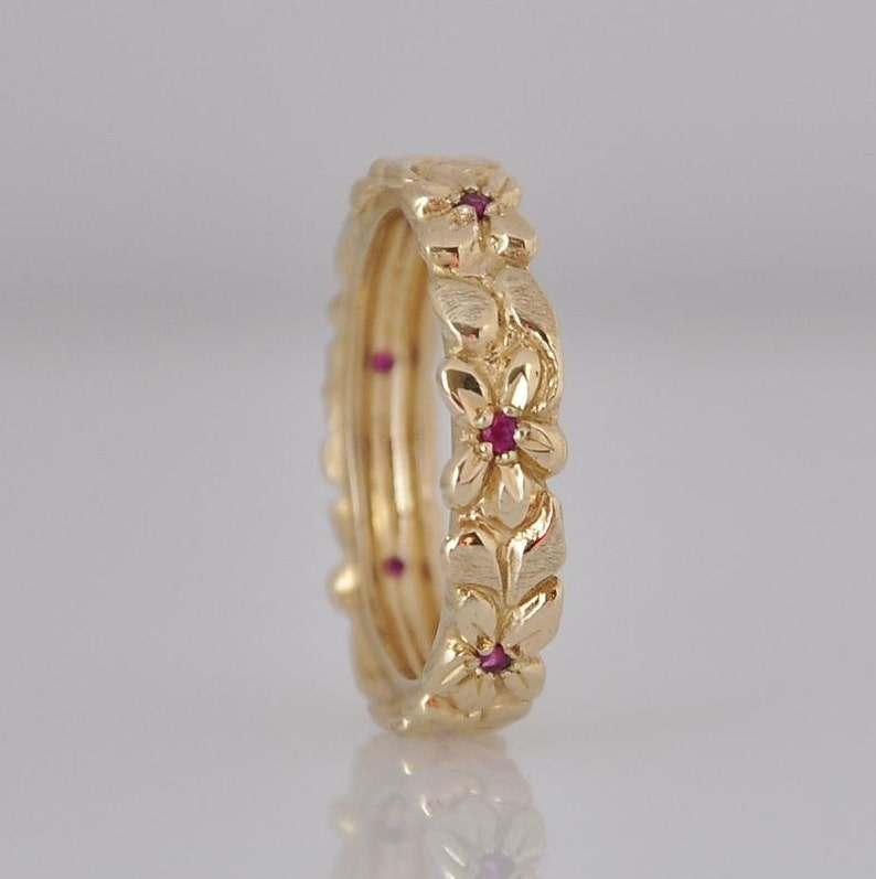 Flowers Wedding Ring , 14k Gold Flower Ring , Ruby Wedding Band ...