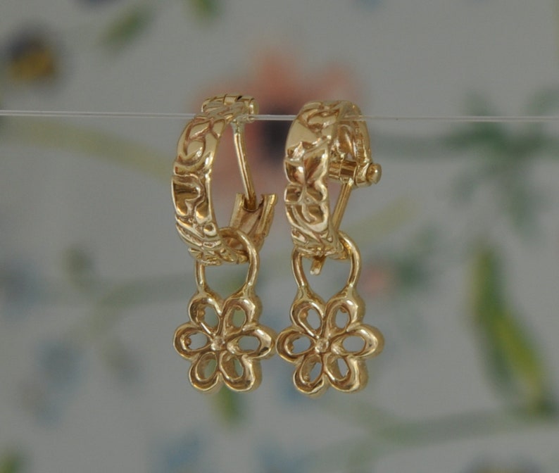 14k Solid Gold Hoop Earring Unique Hoop Earring Flower Charm - Etsy