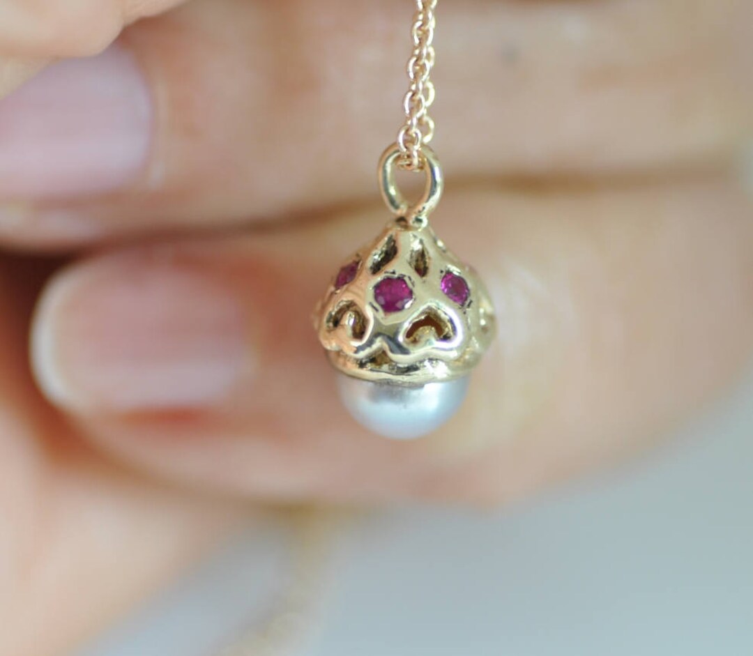 Gold and Ruby Necklace, Bridle Pearl Gold Necklace, Handmade Gold ...