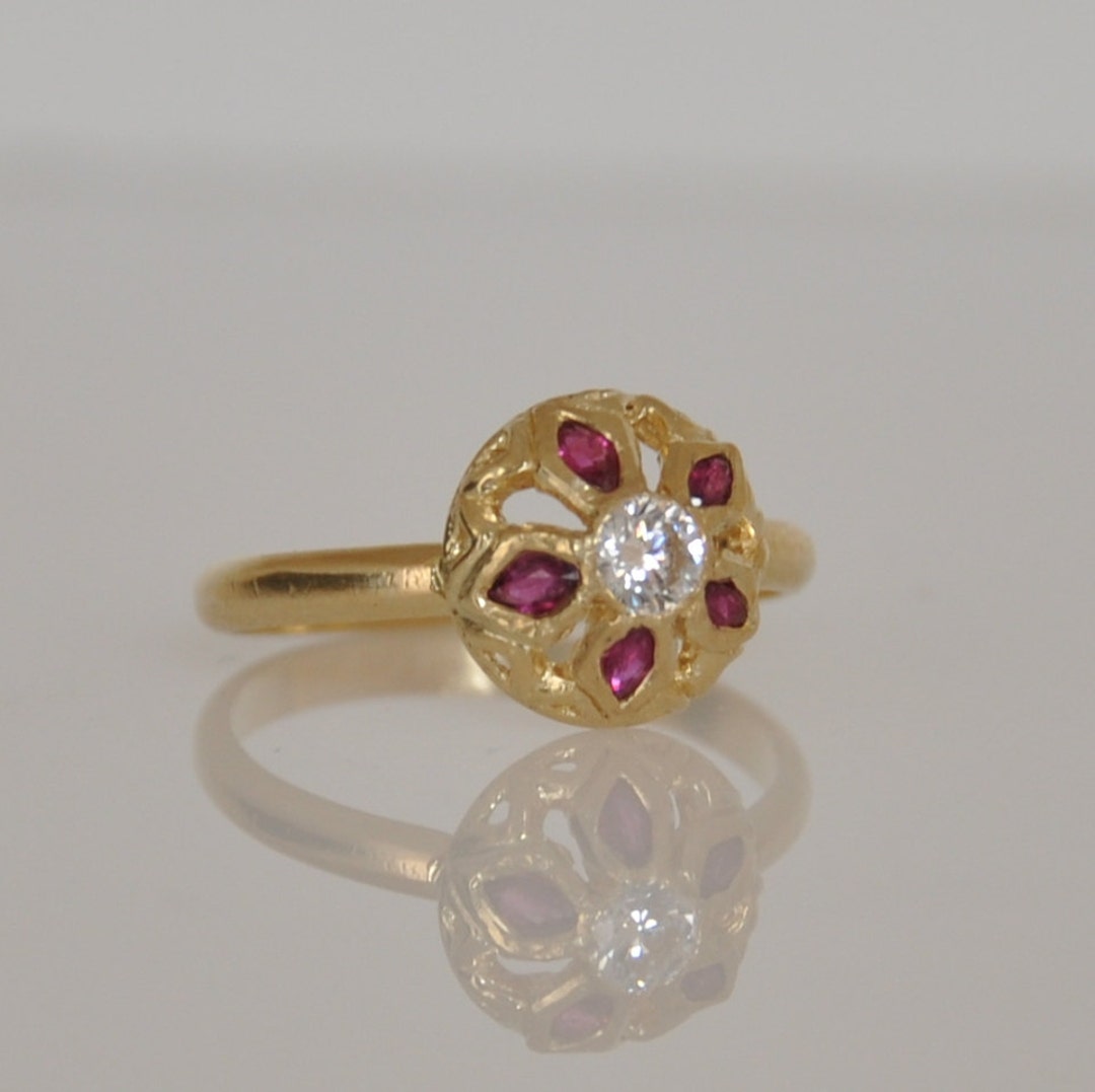 14k Gold Flower Ring, Ruby Gold Ring, Unique Gold Gemstone Ring, 14k ...