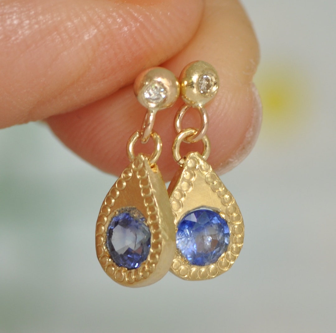 18K Gold Sapphire Drop Earrings With Diamond Stud, Two-part Blue ...
