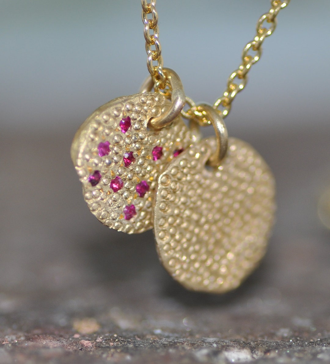 18k Solid Gold Ruby Pendant, Gold Textured Necklace for Woman, Two Gold ...