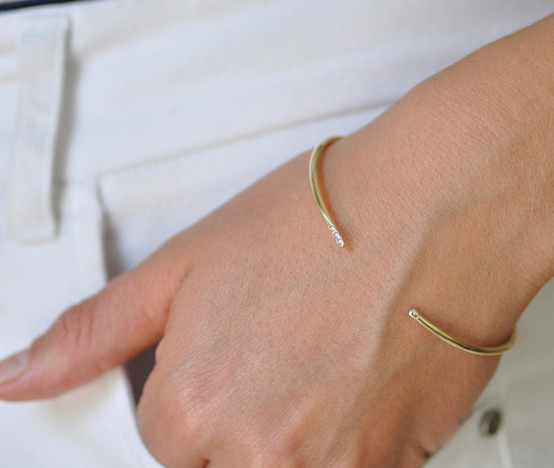 14k Gold Open Cuff Bracelet Trendy Gold & Diamond Delicate | Etsy