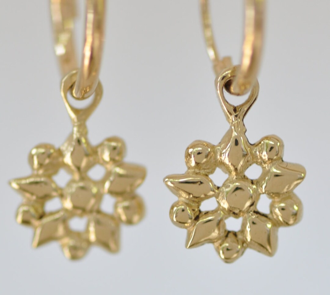 Solid Gold Earrings , 14k Gold Earrings , Gold Flower Earrings, Dangle ...