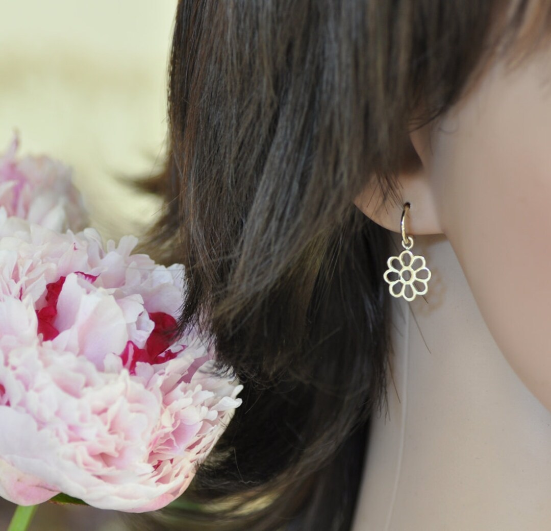 Flower Charm Gold Hoop Earrings , 14k Gold Dainty Small Flower , Solid ...